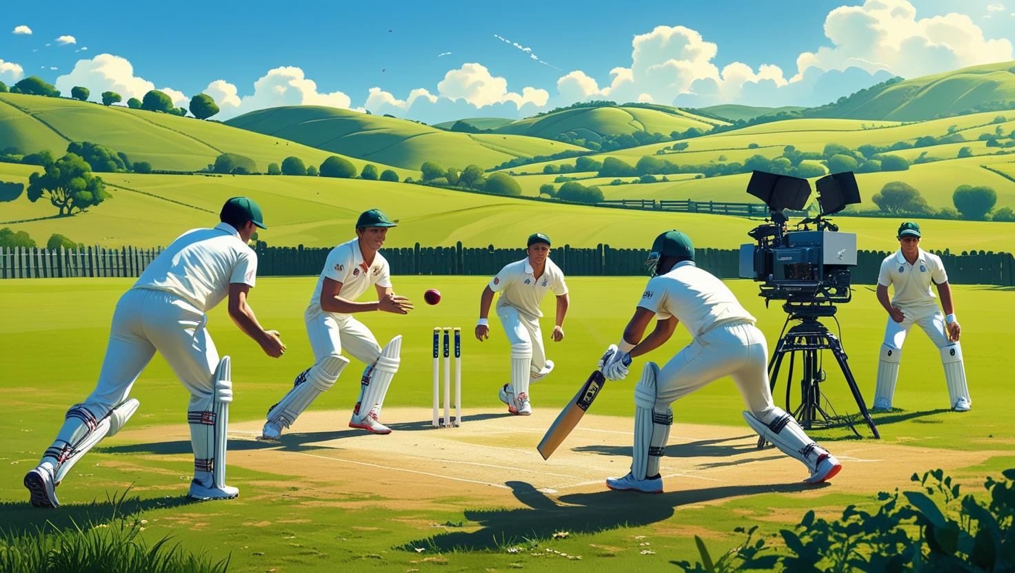 cricketers playing cricket on farmland while being filmed for a movie ...